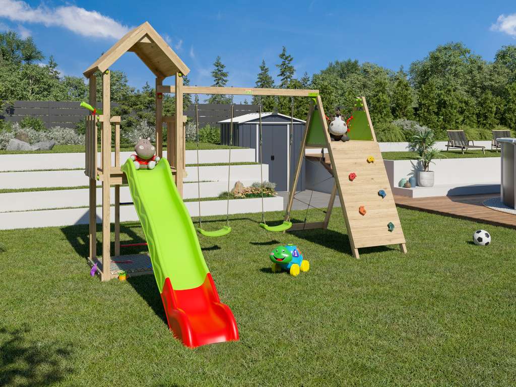 Spielturm Malou inkl. Doppelschaukel, Kletterpodest mit Rutsche grün ...
