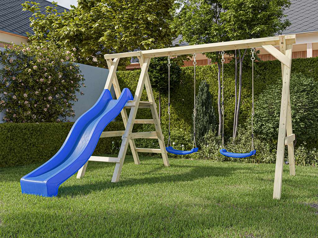Doppelschaukel mit Podest Cosy Double KDI inkl. Rutsche blau + 2 Schaukelsitze blau ...